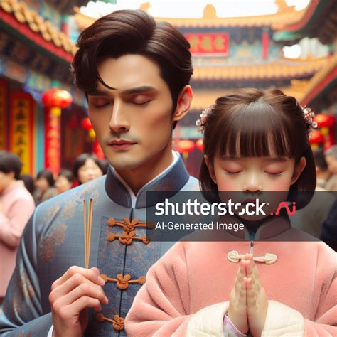 大年初一英俊年輕的男士穿藍灰馬褂美麗苗條的女士身穿粉紅旗袍可愛漂亮的矮小女孩身穿桃紅棉襖閉眼雙手拿著香拜拜側面特寫背景廟裡面人擠人 Ai Generated Image 2568889201