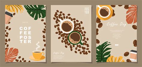 초대장 카드 배너 포스터 표지 카페 메뉴 또는 다른 템플릿 디자인을 위한 최소한의 배경에 커피 콩과 잎이 있는 스케치 배너 세트 벡터 일러스트 레이 션 10월에 대한 스톡
