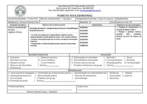 1 Ano Plano De Aula Quinzenal Crônica Pdf Aprendizado
