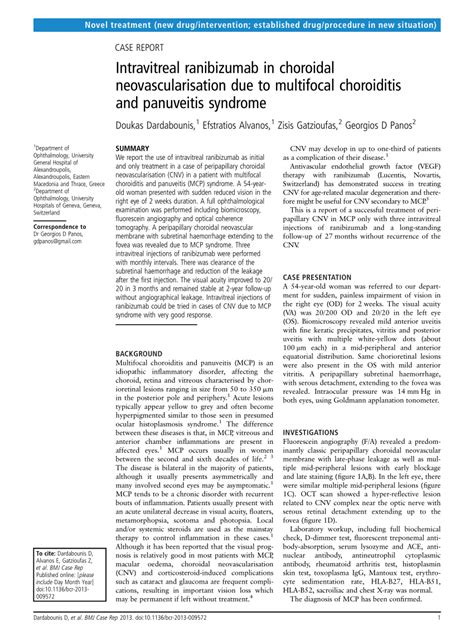 Pdf Intravitreal Ranibizumab In Choroidal Neovascularisation Due To Multifocal Choroiditis And