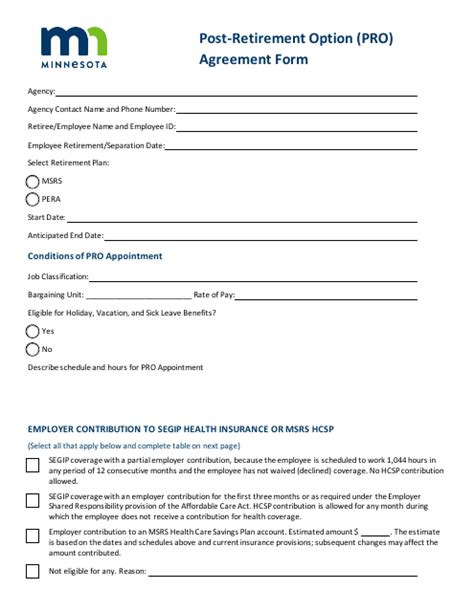 Minnesota Post Retirement Option Pro Agreement Form Fill Out Sign
