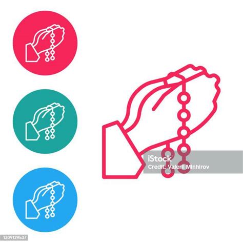 흰색 배경에 고립 된 묵주 아이콘과기도 위치에 빨간색 선 손 기도 하는 손 이슬람 종교 영성 종교 원 버튼에 아이콘을 설정합니다