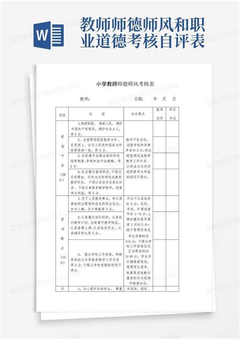 教师师德师风和职业道德考核自评表Word模板下载 编号qgewzawe 熊猫办公