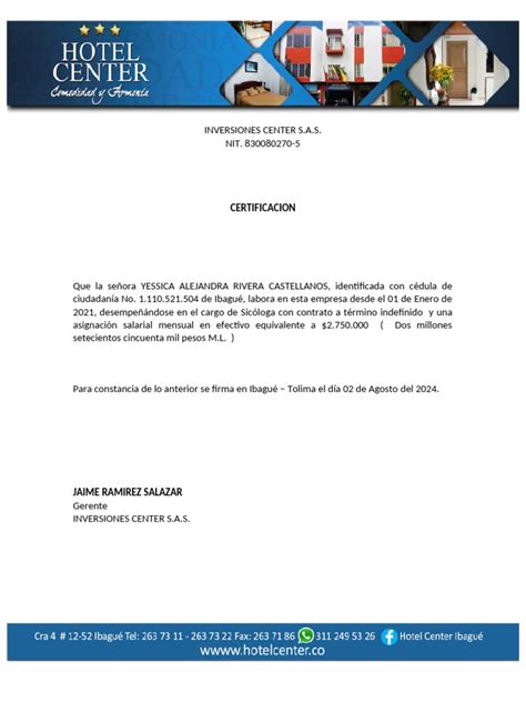 Certificacion Laboral Yessica Pdf Finanzas Y Dinero