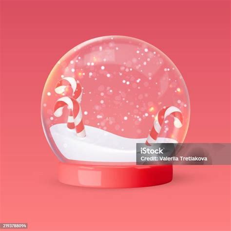 눈 사탕 지팡이 빨간 연단 베이스와 유리 스노우 글로브 빨간 배경에 고립 된 벡터 그림 새해 복 많이 받으세요 인사말 카드입니다 파티 전단지 배너 웹 광고용 크리스마스 세일