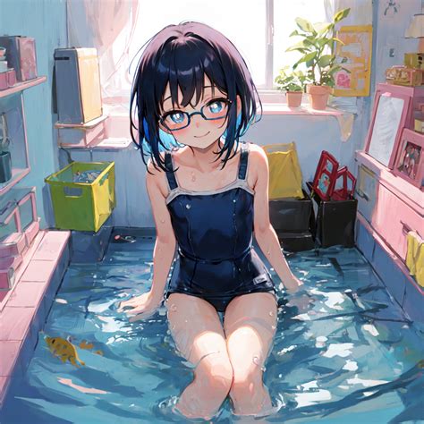 お部屋プール Aiイラスト 眼鏡っ娘 眼鏡 水着 プール 競泳水着 メガネ スクール水着