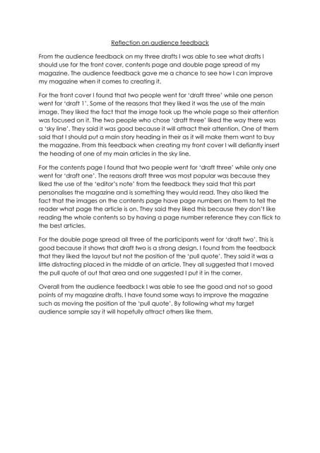 Preliminary Reflection On Audience Feedback Pdf