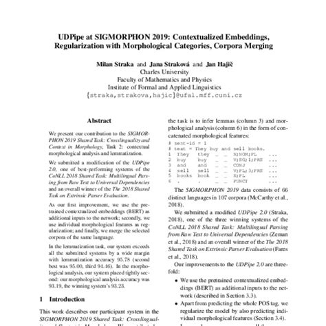 Udpipe At Sigmorphon 2019 Contextualized Embeddings Regularization
