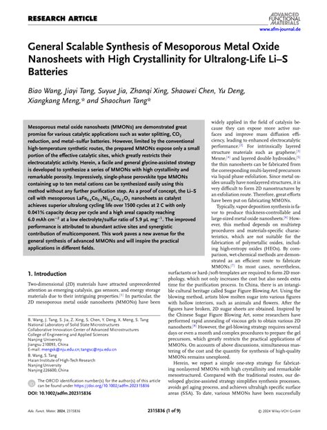 General Scalable Synthesis Of Mesoporous Metal Oxide Nanosheets With High Crystallinity For