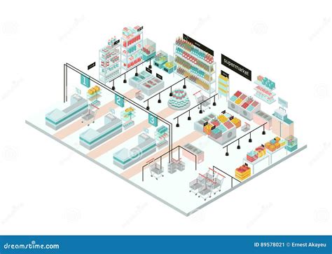 Supermarket Interior Grocery Store Colorful Isometric Illustration
