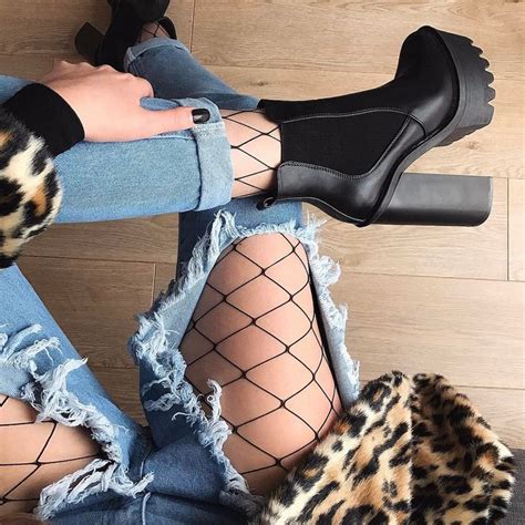 Large Fishnets With Black Booties Perfect Match Cute Jeans Grunge