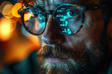 Closeup cinematic portrait of a man with a reflection of computer code in his glasses | Premium ...