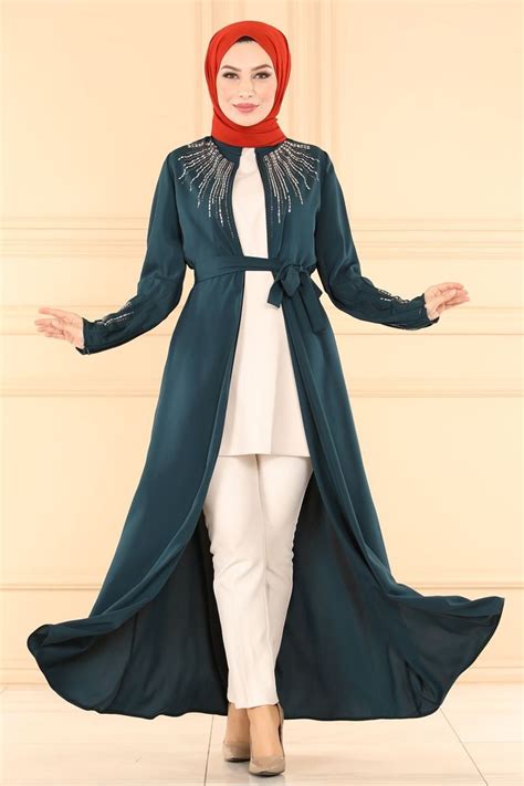 Yakası ve Kolları Taş İşlemeli Ferace 1784AH193 Petrol Moda Selvim Moda stilleri Kıyafet Moda