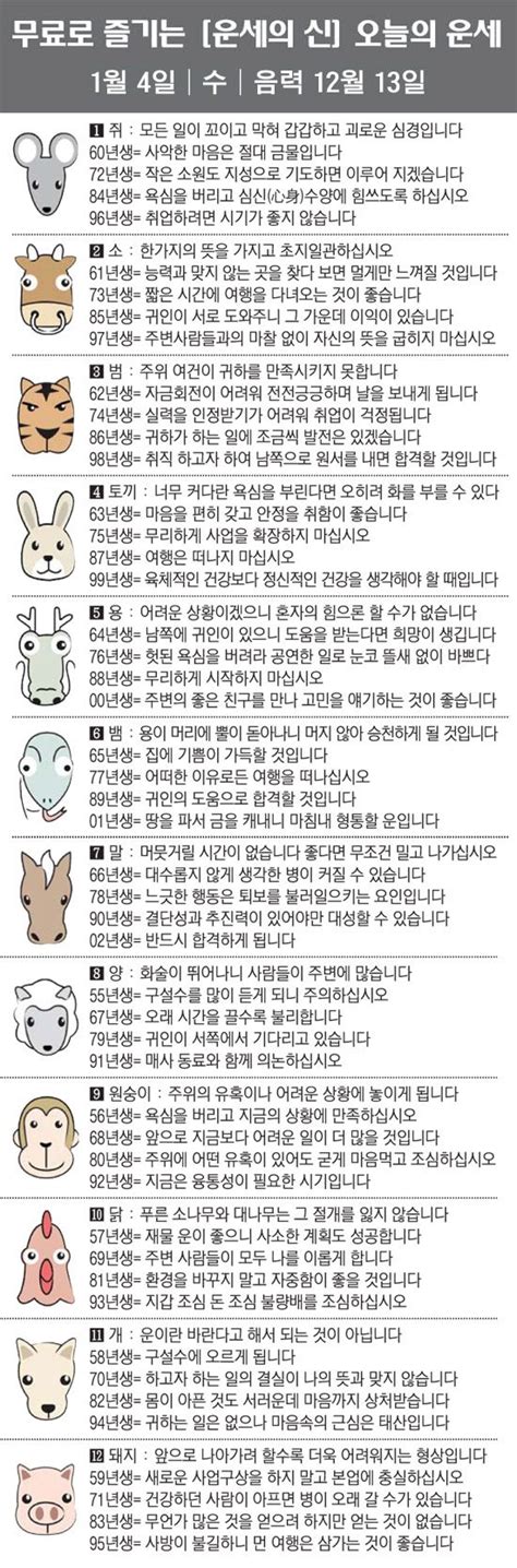 직장인을 위한 오늘의 운세 2023년 1월 4일 수요일 오늘의 띠별 운세 음력 12월 13일 네이트 뉴스