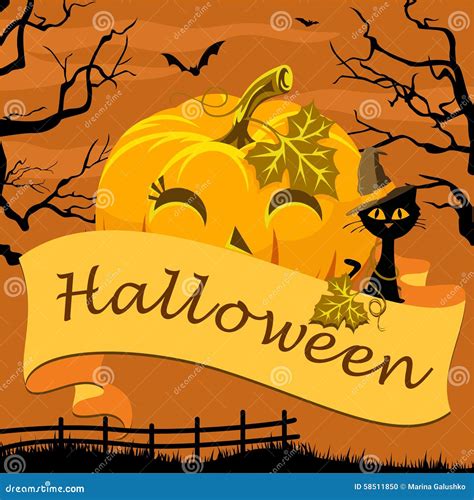 Poster Happy Halloween With Pumpkin And Cat Stock Vector Image 58511850