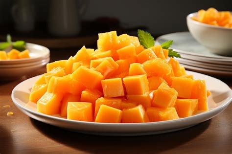 Chopped Papaya On A White Plate Highquality Photography Premium Ai