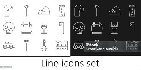 세트 라인 킹 크라운 중세 도끼 건초와 레이크의 베일 바디 갑옷 두개골 철 헬멧 잔과 체인 메이스 볼 아이콘 벡터 갈퀴에 대한 스톡 벡터 아트 및 기타 이미지 Istock