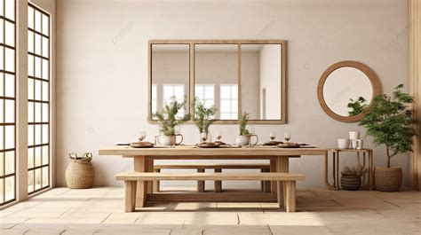 현대적인 농가의 3d 렌더링된 식당 내부 나무 의자 3d 테이블 테이블 장식 배경 일러스트 및 사진 무료 다운로드