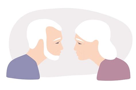 연로한 부부는 서로를 바라본다 성인 남자와 여자 은빛 머리와 주름을 가진 남자와 여자 플랫 벡터 문맹 코카서스 커플 옆에서 사람