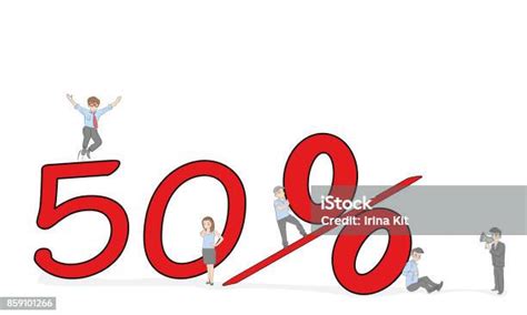 작은 사람 큰 50 기호로 작업의 밑그림 노동자 및 재무 기호 낙서 귀여운 미니어처 장면 손으로 그린 만화 벡터 일러스트 레이