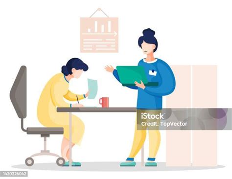 사무실에서 바쁜 사람들의 플랫 벡터 일러스트레이션 작업 중에 의사 소통하는 동료 경영자에 대한 스톡 벡터 아트 및 기타 이미지
