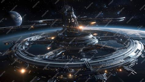 Futuristic Space Station Orbiting A Planet Premium Ai Generated Image