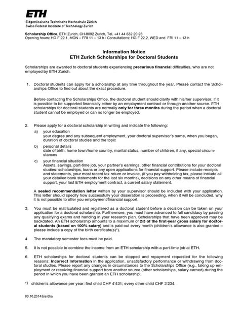 Information Notice Eth Zurich Scholarships For Doctoral Students Pdf