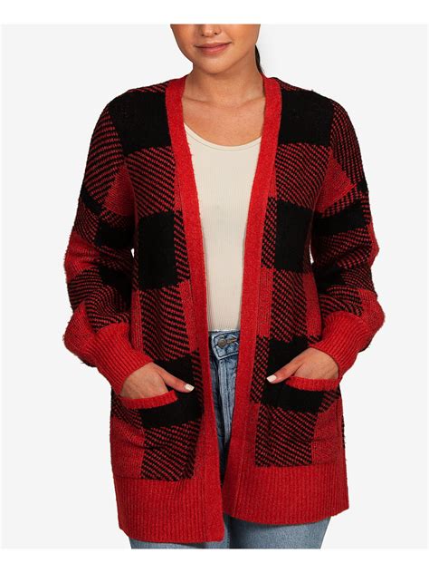 Hippie Rose Womens Red Knit Pocketed Ribbed Cardigan Plaid Balloon