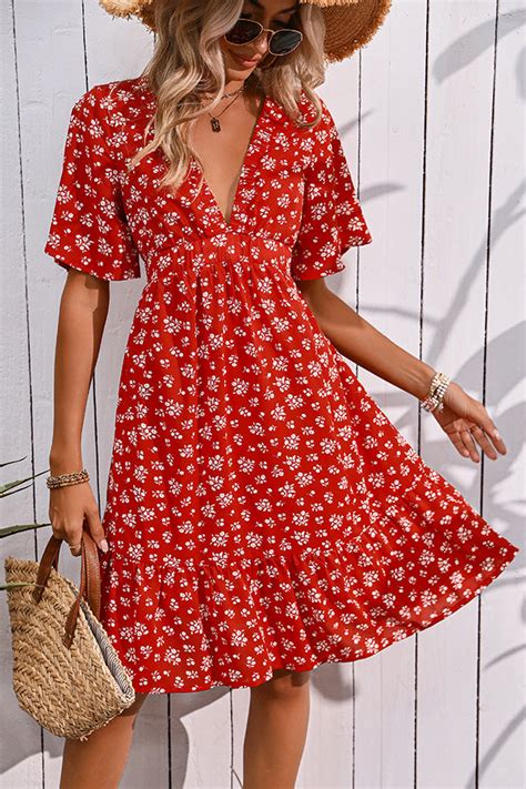 Floral Print V Neck Casual Mini Dress Beachsissi