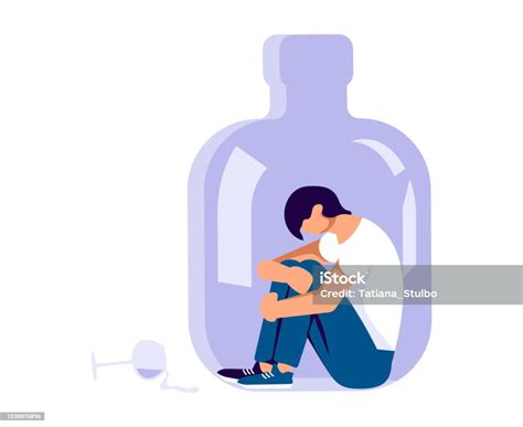 우울한 캐릭터가 있는 컨셉은 알코올 병에 앉아 있습니다 알코올 중독에 대한 스톡 벡터 아트 및 기타 이미지 알코올 중독