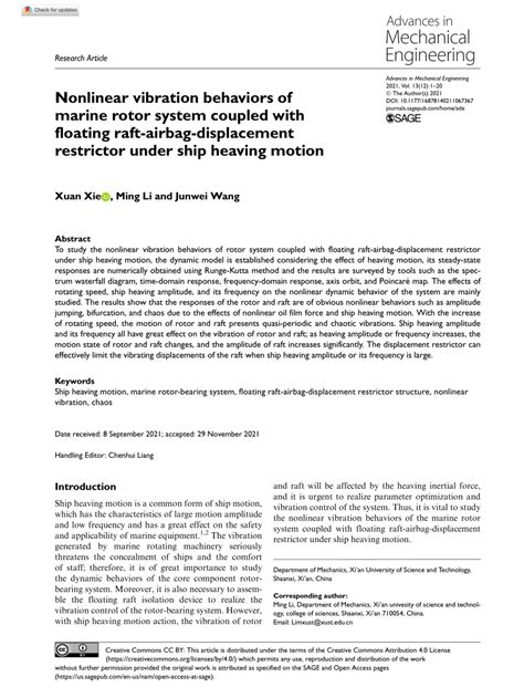 Pdf Nonlinear Vibration Behaviors Of Marine Rotor System Coupled With Floating Raft Airbag