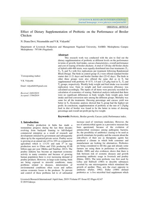 Pdf Effect Of Dietary Supplementation Of Probiotic On The Performance Of Broiler Chicken
