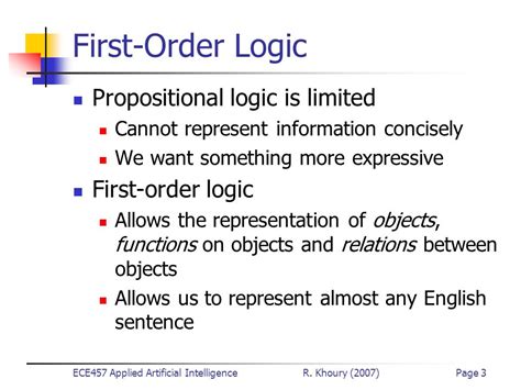First Order Logic ECE457 Applied Artificial Intelligence Fall 2007