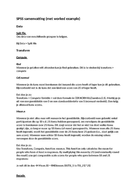 SPSS Samenvatting SPSS Oefeningen Plus Uitwerkingen SPSS Samenvatting Met Worked Example