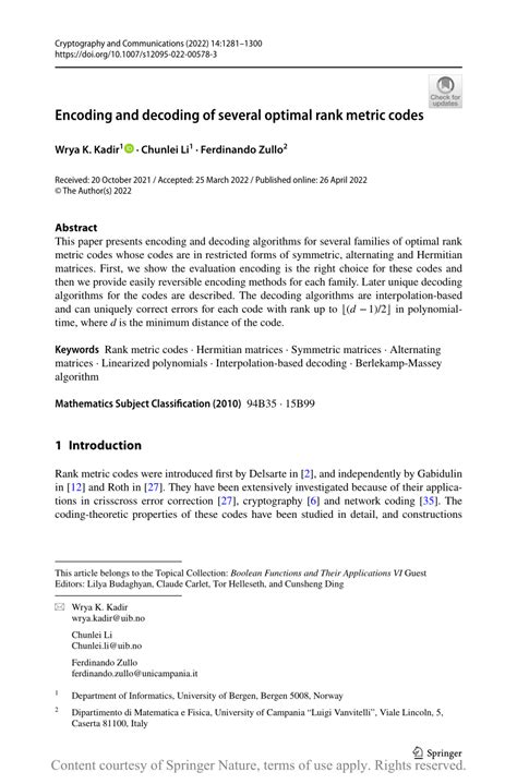 Pdf Encoding And Decoding Of Several Optimal Rank Metric Codes