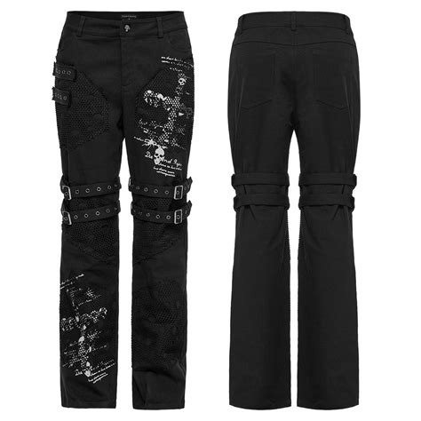 Edgy Mesh Paneled Gothic Cargo Pants With Skull Print