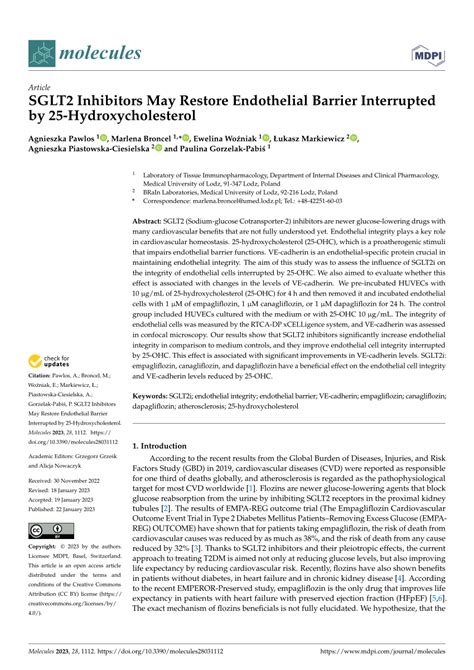 Pdf Sglt2 Inhibitors May Restore Endothelial Barrier Interrupted By 25 Hydroxycholesterol