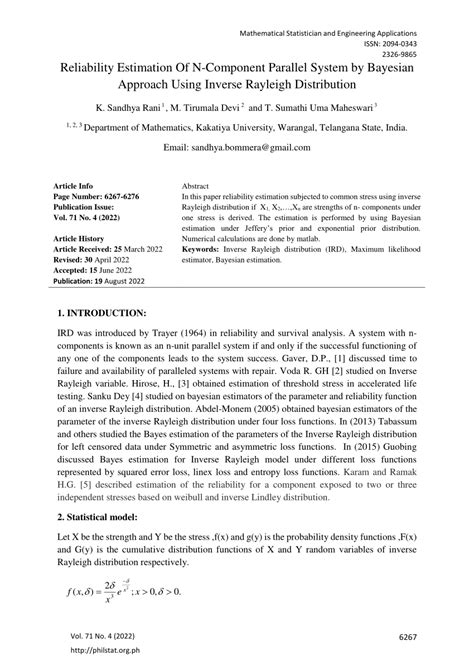 Pdf Reliability Estimation Of N Component Parallel System By Bayesian