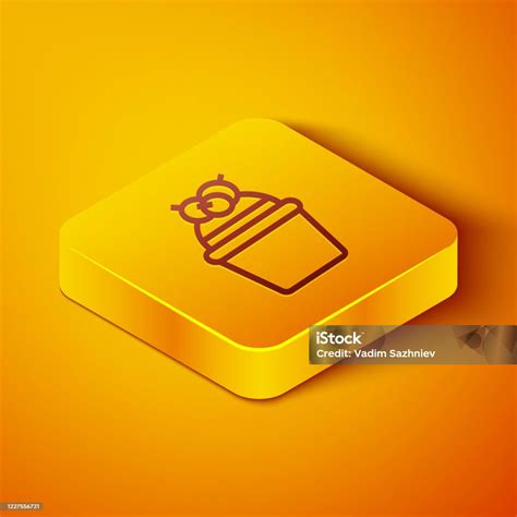 주황색 배경에 격리 된 등각칭 라인 케이크 아이콘입니다 생일 축하해요 노란색 사각형 버튼입니다 벡터 일러스트레이션 3차원 형태에 대한 스톡 벡터 아트 및 기타 이미지