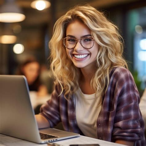 Premium Ai Image Beautiful Young Blonde Smiling While Working On Laptop