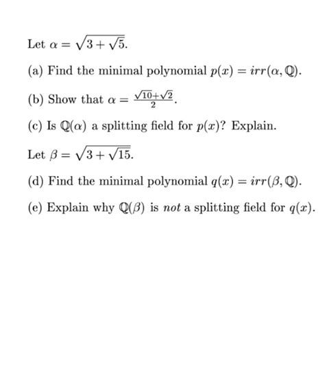 Solved Let α V3 V5 a Find the minimal polynomial p x Chegg com