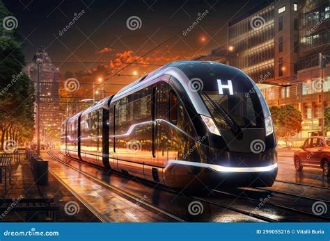 High Speed Hydrogen Train In The City At Night 3d Rendering