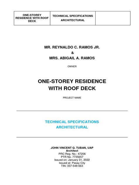 Architectural Technical Specification One Storey Residence With Roof