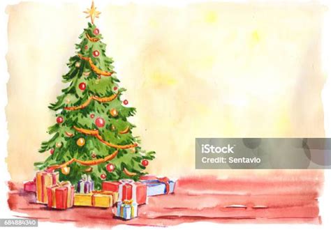 수채화 손으로 그린 그림 그림 일러스트 이미지 크리스마스 새 해 엽서 템플릿 개념입니다 방 빈 배경에 크리스마스 트리 큰 물 색상 컬렉션입니다 0명에 대한 스톡 벡터 아트