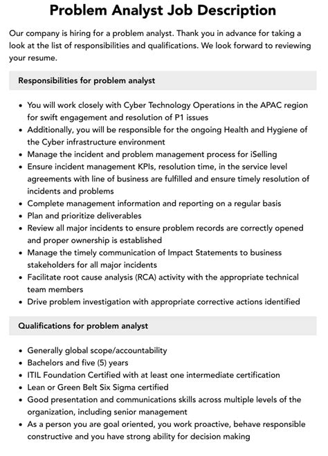 Problem Analyst Job Description Velvet Jobs
