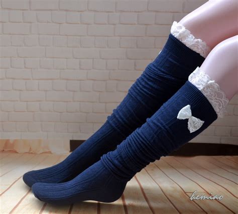 Navy Blue Thigh High Socks Lace Boot Socksknee High Boot Etsy