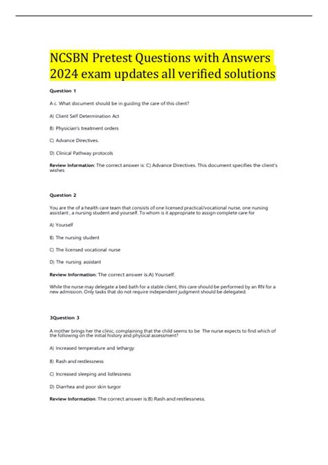 Ncsbn Pretest Questions With Answers 2024 Exam Updates All Verified Solutions Ncsbam Upd