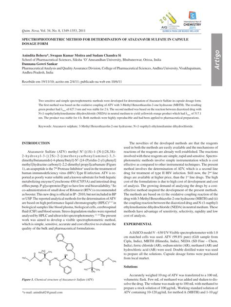 Pdf Spectrophotometric Method For Determination Of Atazanavir Sulfate In Capsule Dosage Form