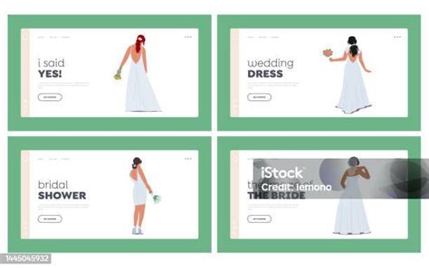 결혼식 날 방문 페이지 템플릿 세트의 여성 우아한 드레스 뒷모습에 아름 다운 신부입니다 젊은 여성 캐릭터 개념에 대한 스톡 벡터 아트 및 기타 이미지 Istock