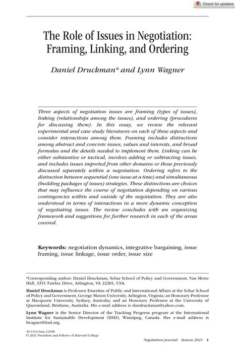 Pdf The Role Of Issues In Negotiation Framing Linking And Ordering
